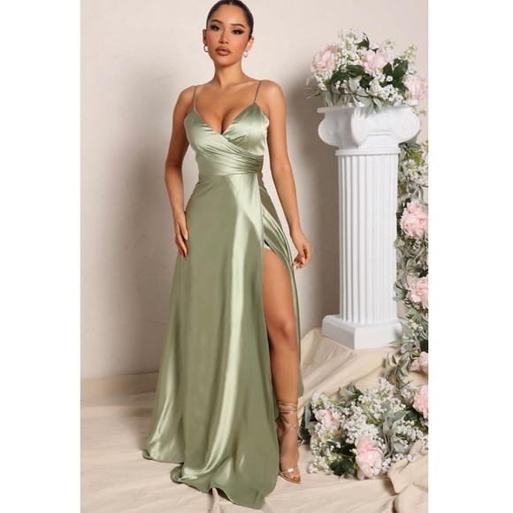 Fashion Nova | Dresses | Nwt Beautiful Sage Green Satin Maxi Gown ...